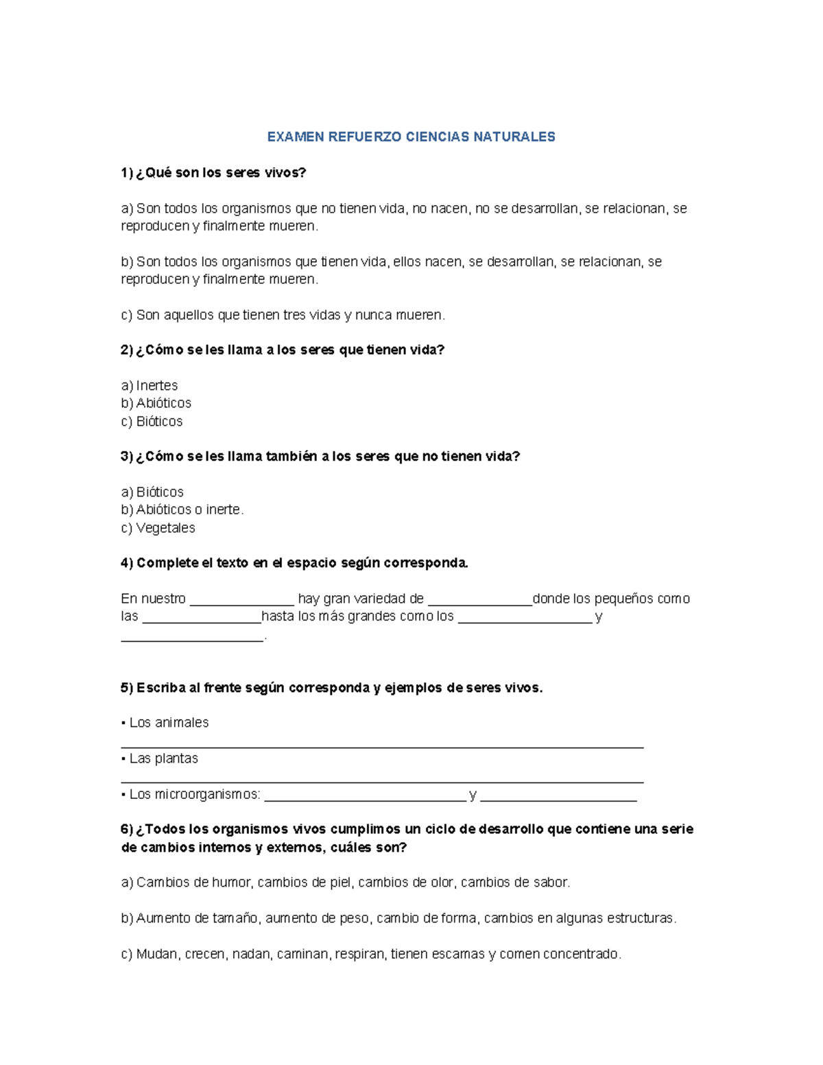 Examen Refuerzo Ciencias Naturales: Seres Vivos y Clasificación - Studocu
