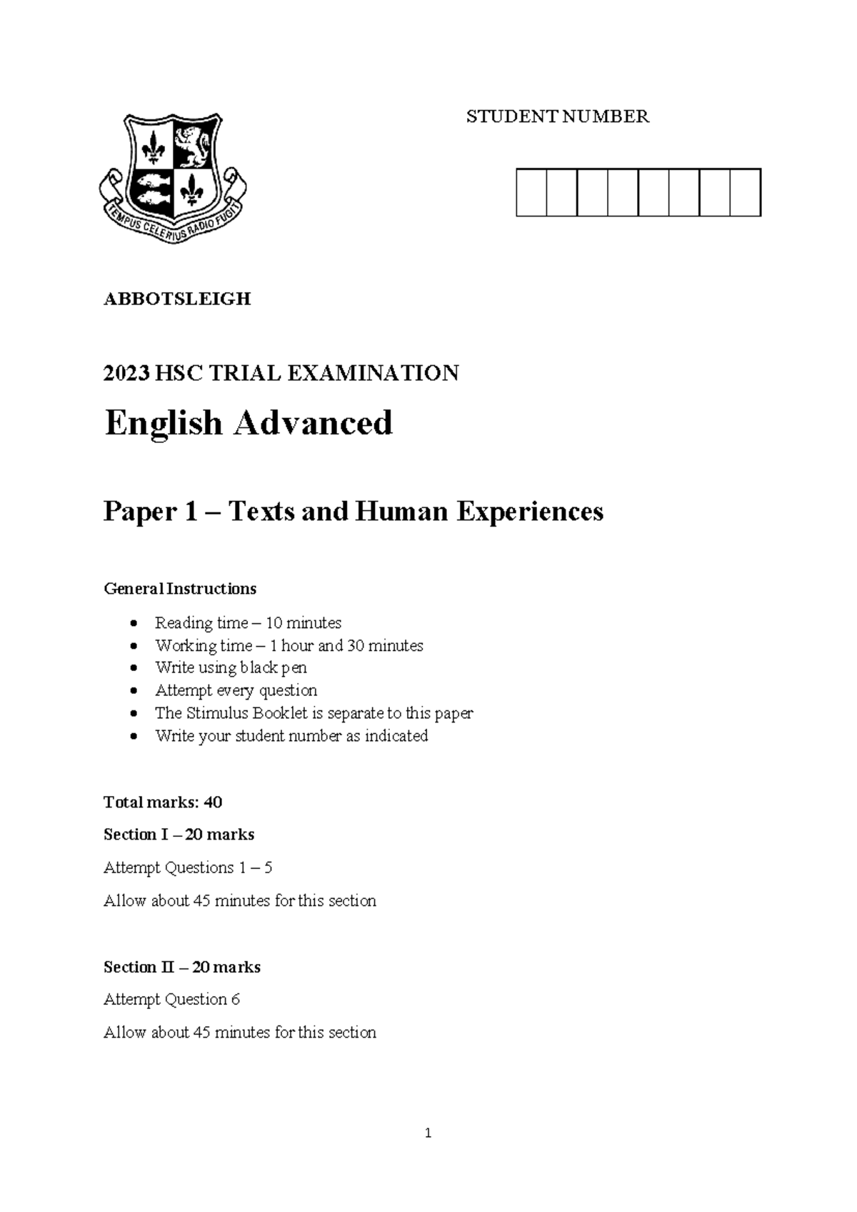 Abbotsleigh 2023 HSC English Advanced Trial Paper 1: Texts & Human ...