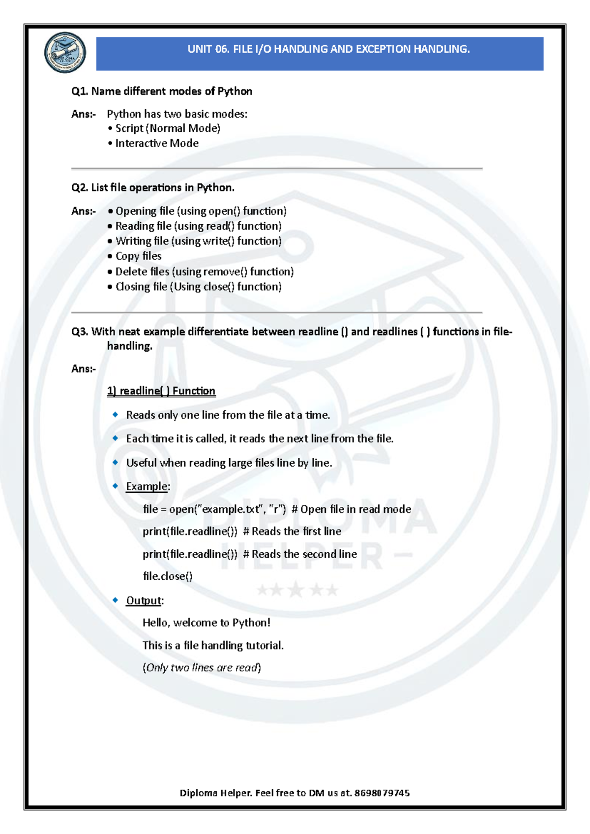 Unit 06: File Handling & Exception Handling - PWP (22616) Study Notes ...