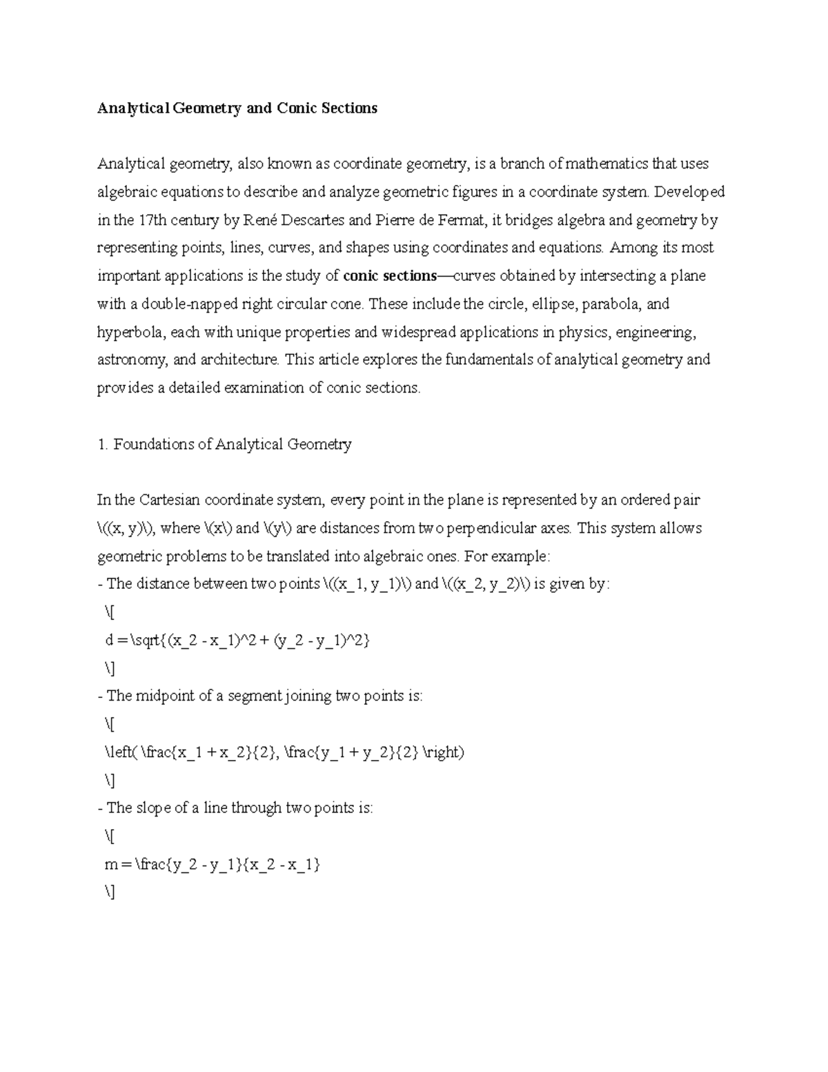 Analytical Geometry & Conic Sections: Foundations & Applications - Studocu