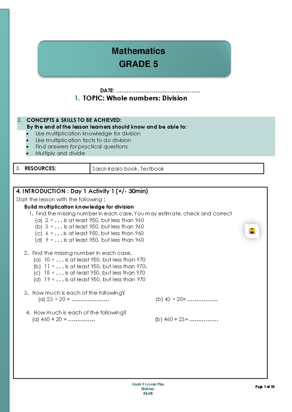 Grade 5 Mathematics Lesson Plan: Division Concepts & Activities - Studocu