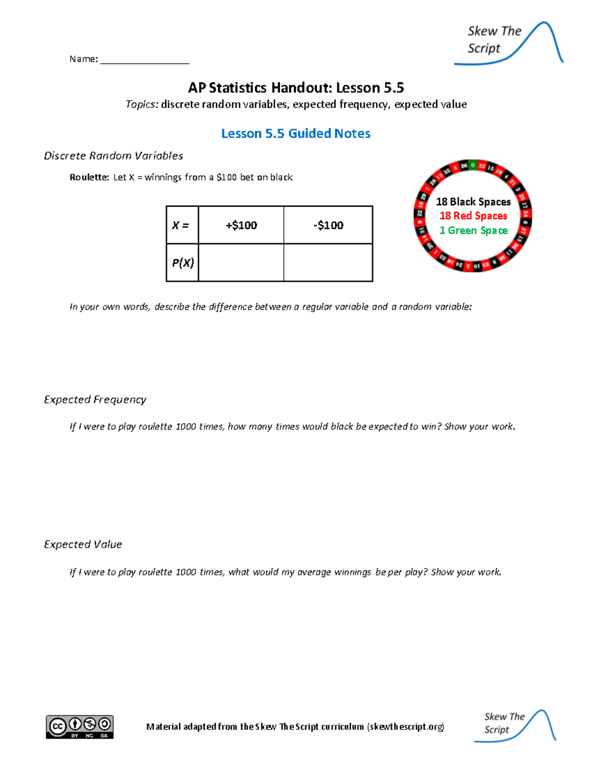 AP Statistics (5.5) - Guided Notes on Discrete Random Variables ...