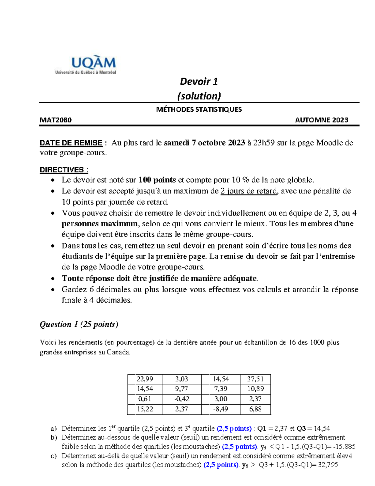 Devoir 1 - Solutions MAT2080 Automne 2023 (Méthodes Statistiques) - Studocu