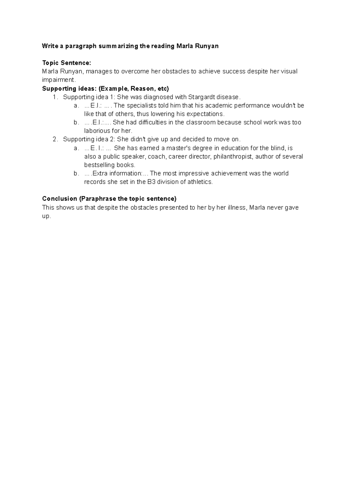 1.0 Writing 1 - Outline - Diaz, Brigitte - Write a paragraph summarizing the reading Marla ...