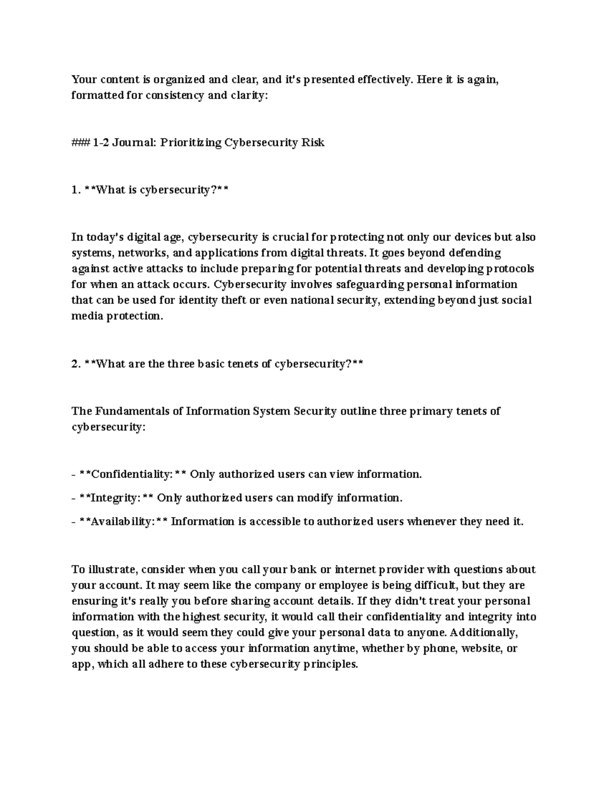 CYB 410 Module One - NEW - 1-2 Journal: Prioritizing Cybersecurity Risk ...