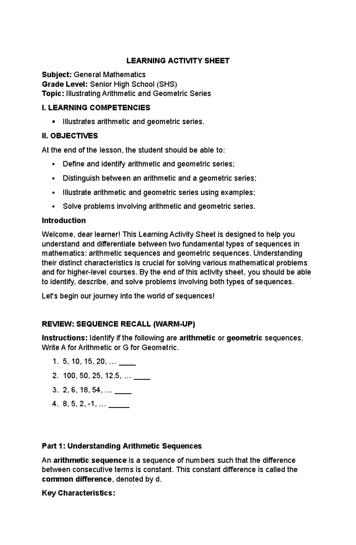 LEARNING ACTIVITY SHEET: Arithmetic & Geometric Series (SHS) - Studocu
