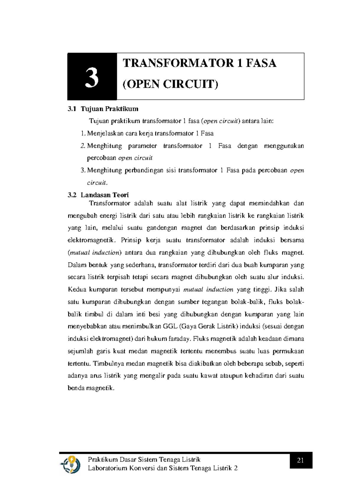 Praktikum Transformator 1 Fasa (Open Circuit) DSTL 2025 - Studocu