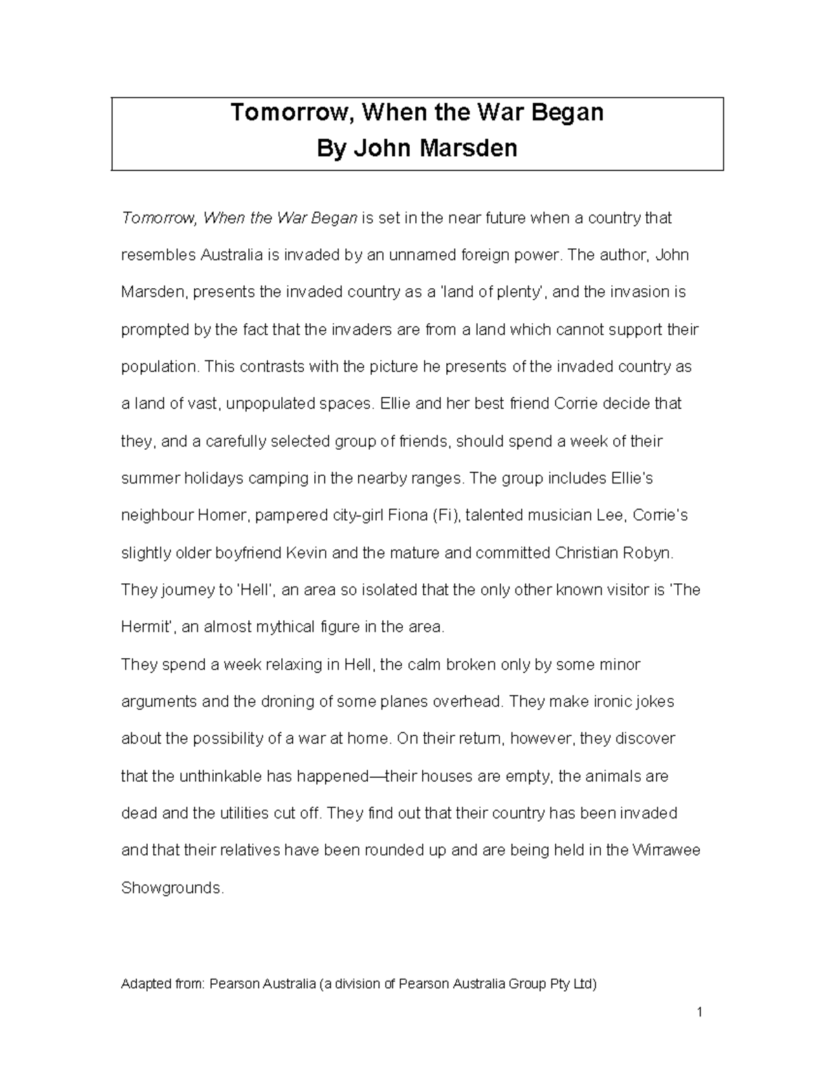 Twtwb (Tomorrow, When the War Began) Plot Summary Analysis - Studocu