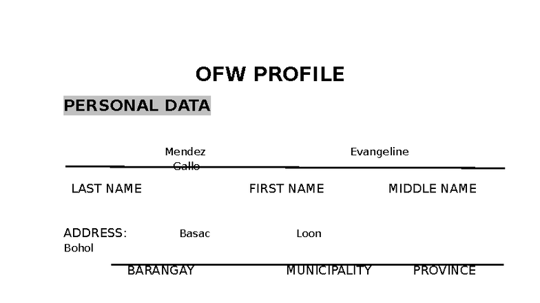 OFW Profile: Personal Data of Evangeline Mendez (Interview) - Studocu