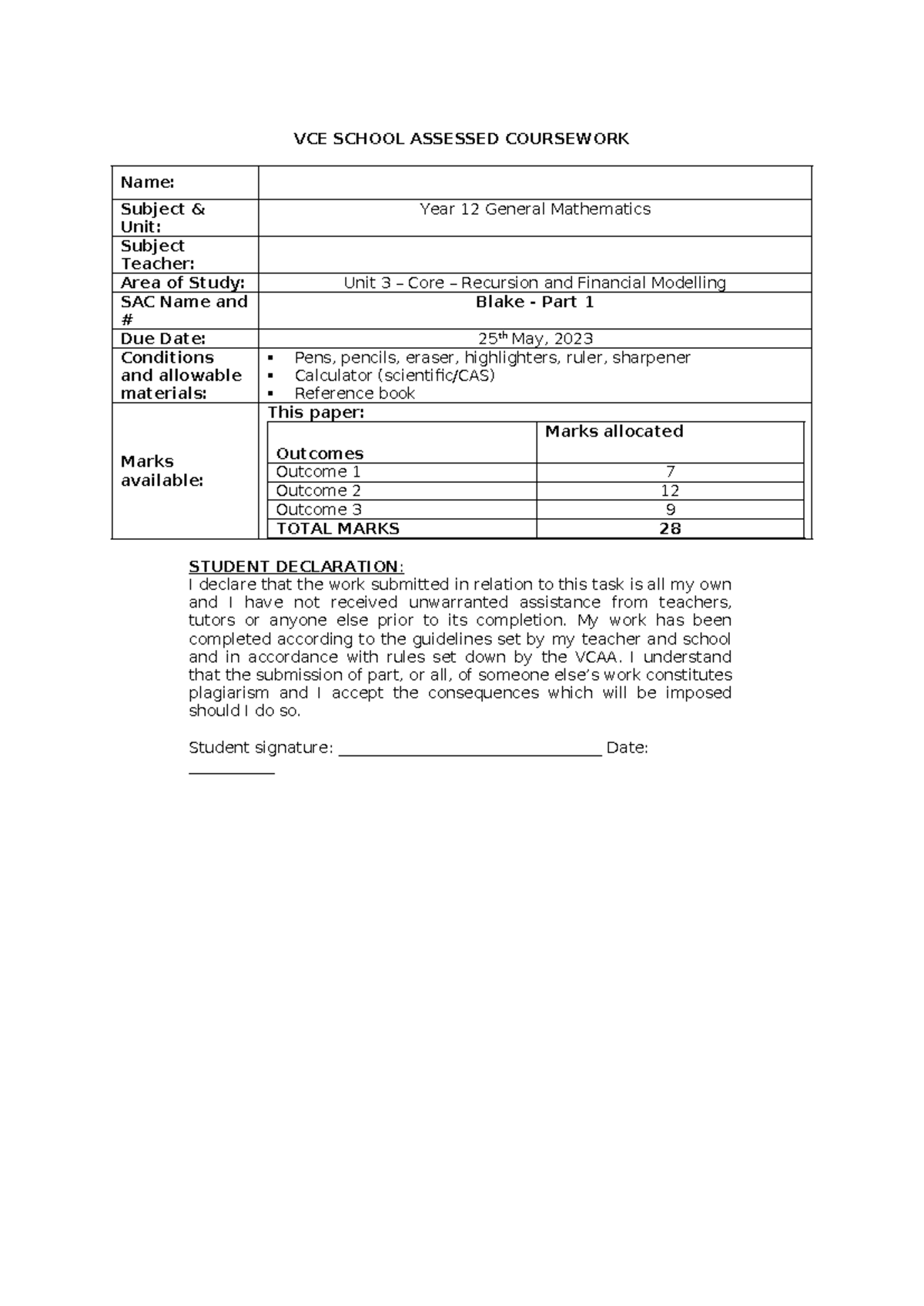 2023 VCE General Mathematics Unit 3 SAC: Recursion & Financial ...