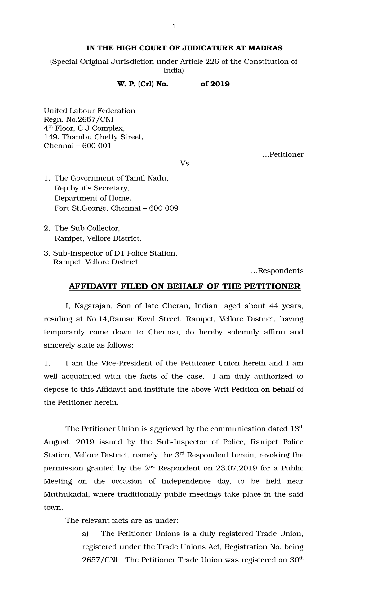 Writ Petition Format - IN THE HIGH COURT OF JUDICATURE AT MADRAS ...