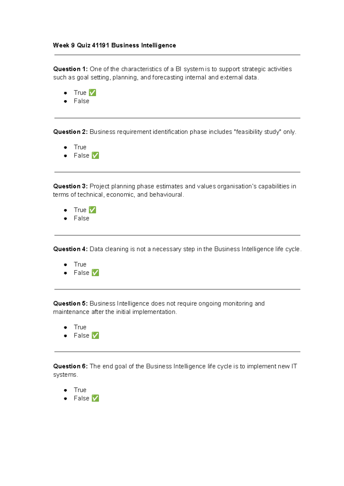 Week 9 Quiz 41191: Business Intelligence Concepts and Assessments - Studocu