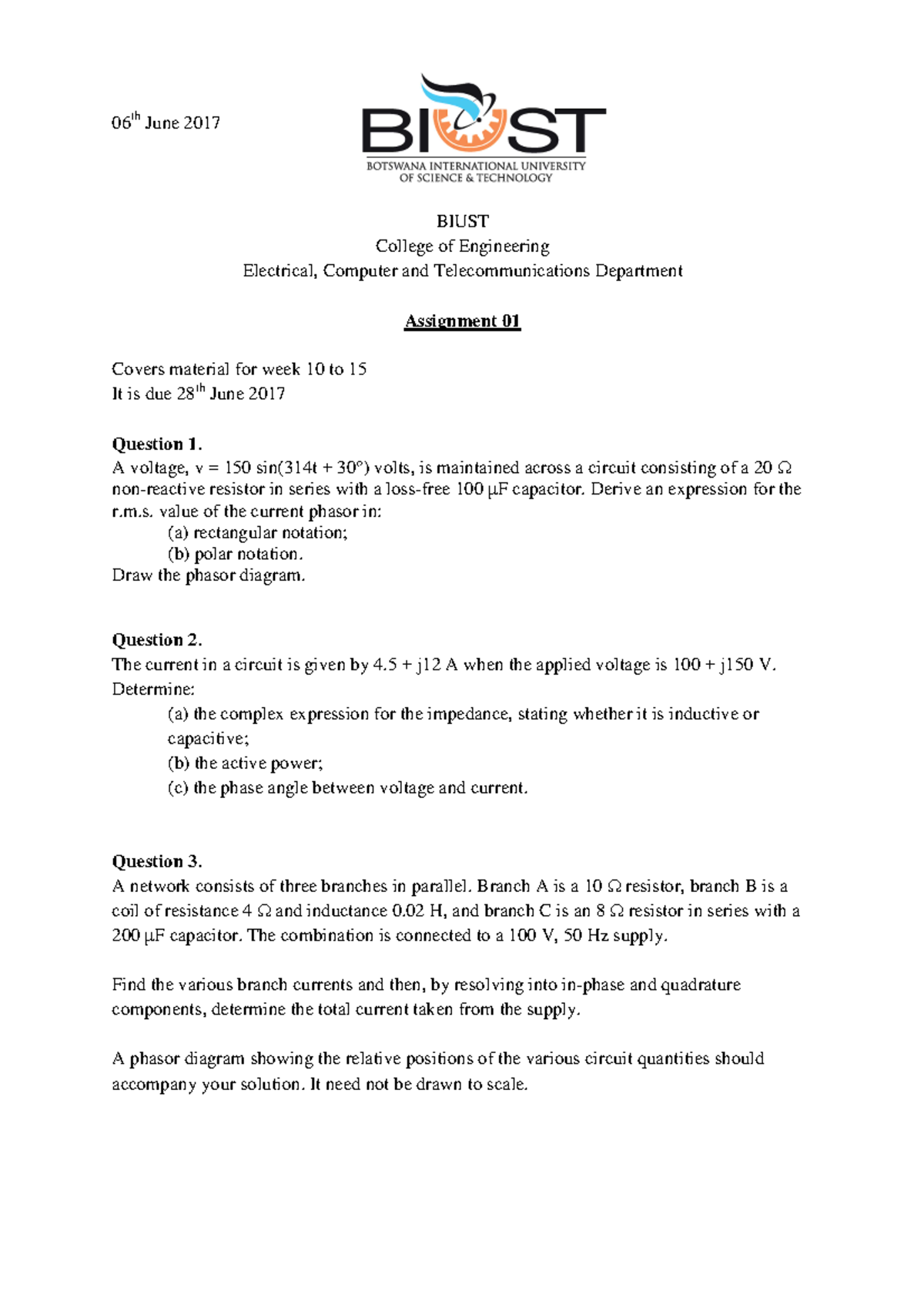 EEEN221 Assignment 01 - 06 th June 2017 BIUST College of Engineering ...