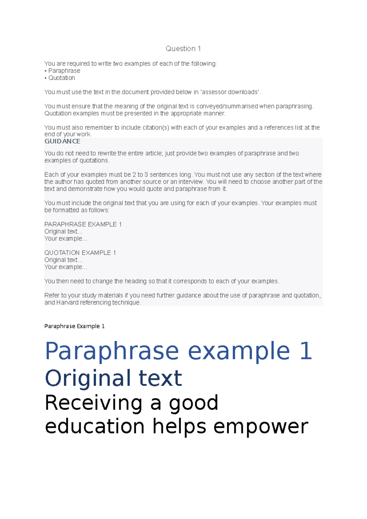 Academic Writing Skills Assessment: Paraphrasing and Quoting Examples ...