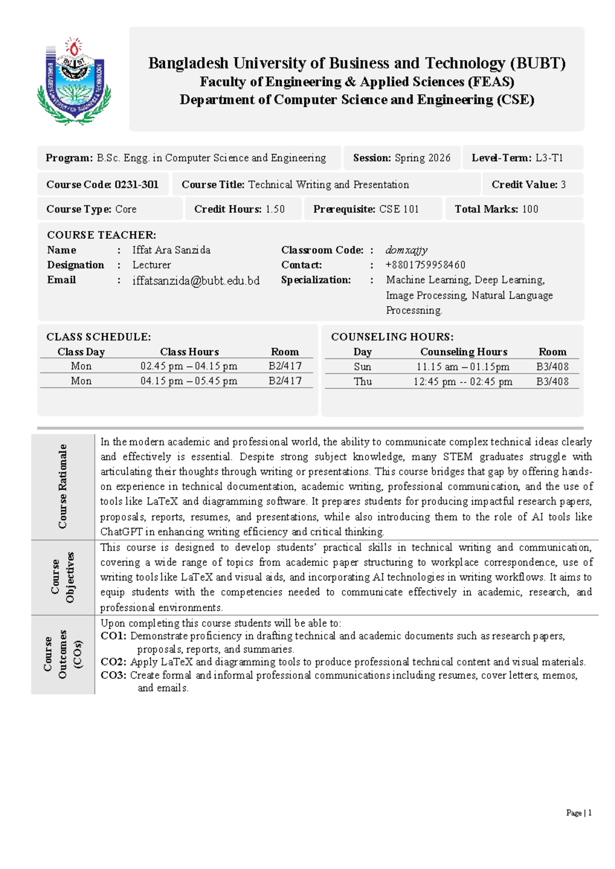 CSE 301: Technical Writing & Presentation - Course Outline for Spring ...
