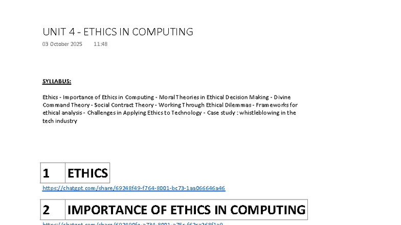 UNIT 4: Ethics in Computing Syllabus and Case Studies - Studocu