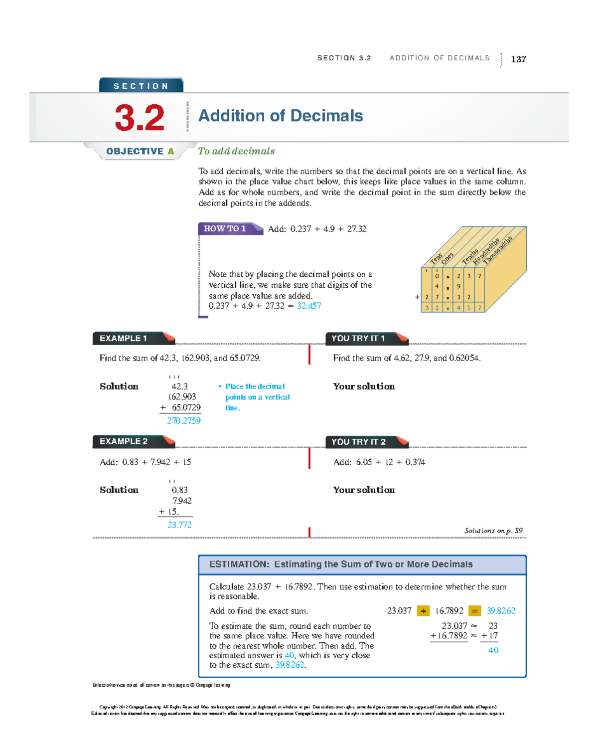 Addition of Decimals - S E C T I O N 3. 2 A D D I T I O N O F D E C I M ...