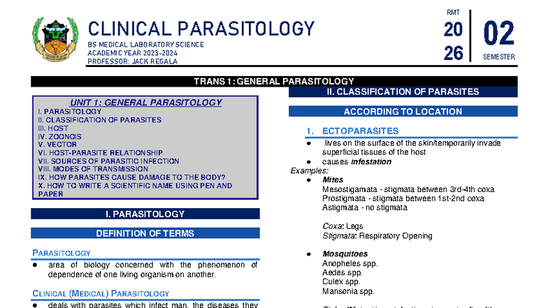 RMT 20 26 Final Exam Notes: Clinical Parasitology Overview - Studocu