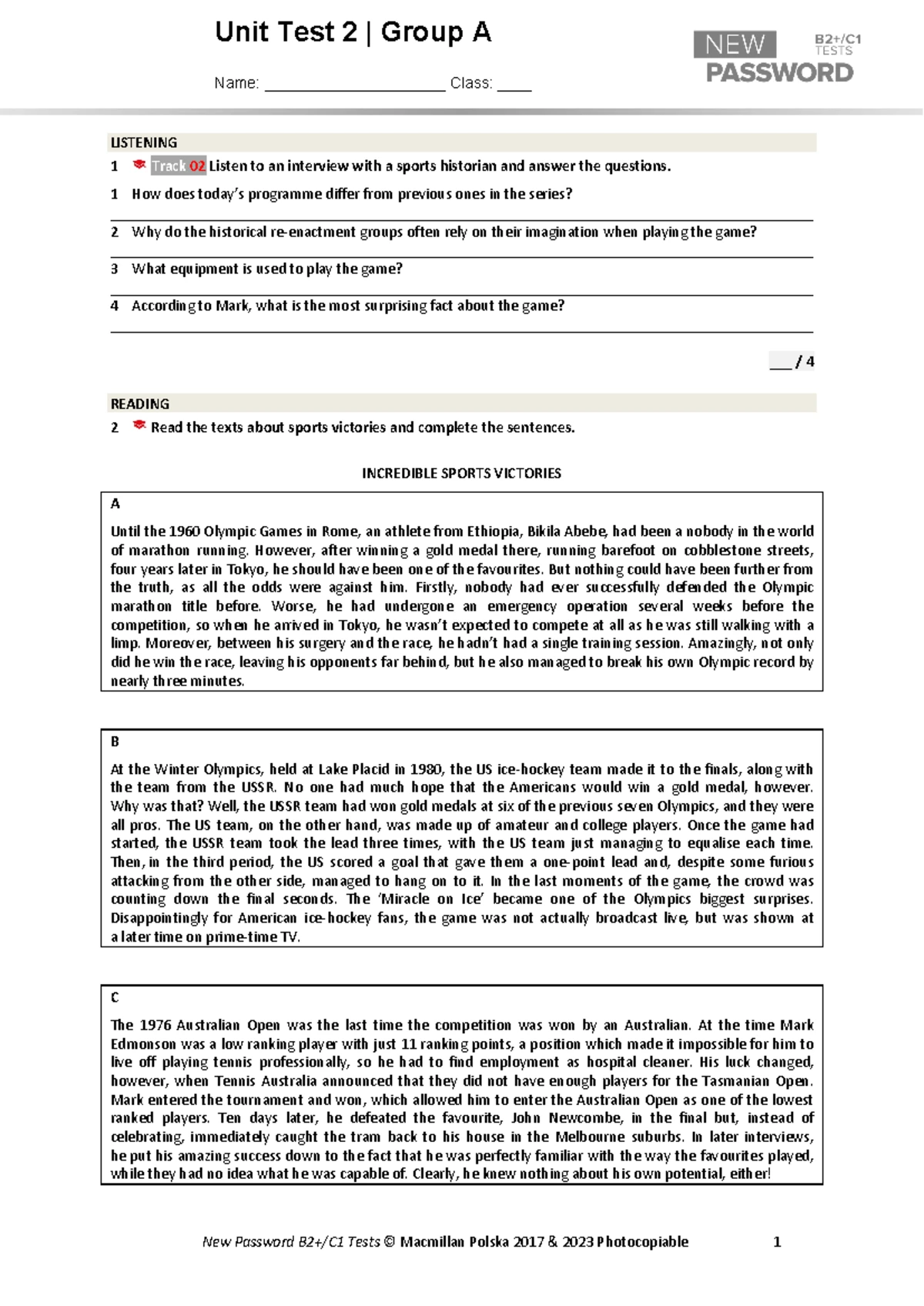 New Password B2+ C1 Unit Test 3 Listening & Reading Activities - Studocu