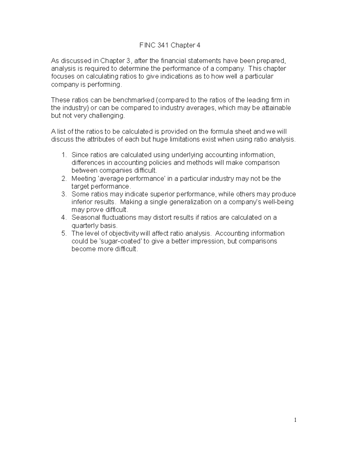 FINC 341 Chapter 4: Analyzing Financial Ratios and Performance - Studocu