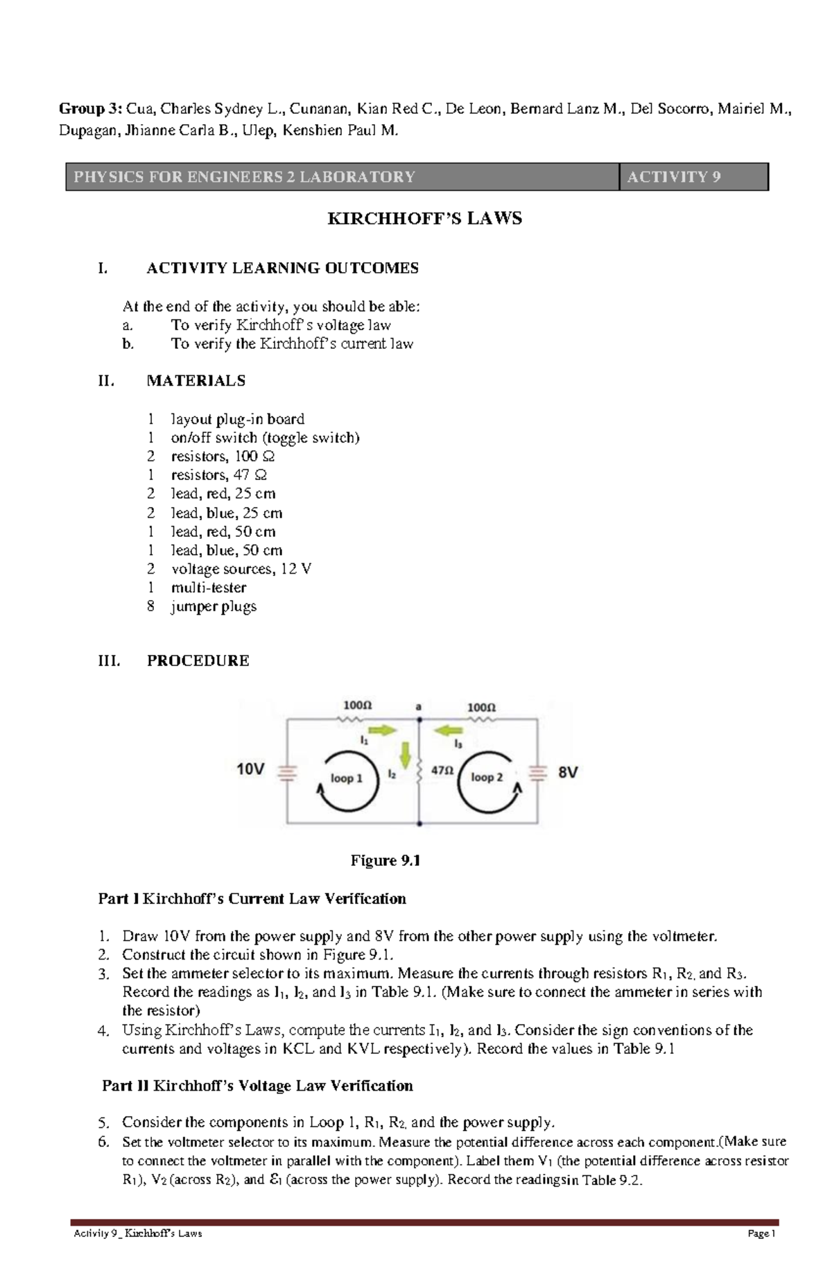 A9: Kirchhoff's Laws Verification for PHYSICS FOR ENGINEERS 2 Lab ...