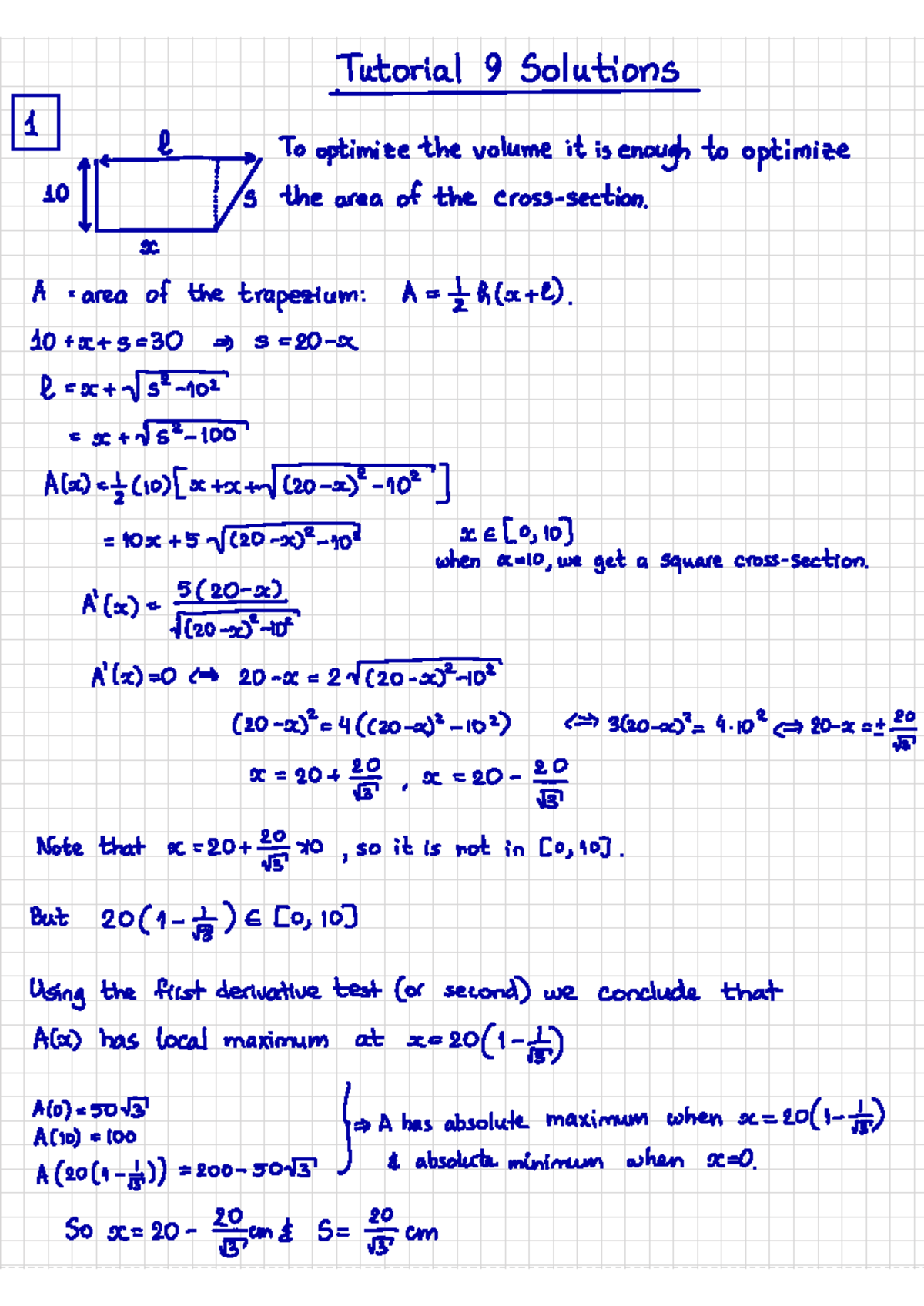Tutorial 9 Solutions - Tutorial 9 Solutions 1 l To optimize the volume ...