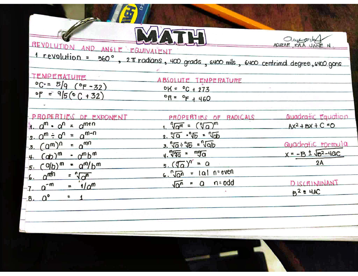 MATH Index of Formulas: Revolution, Angles, and Trigonometry Concepts ...
