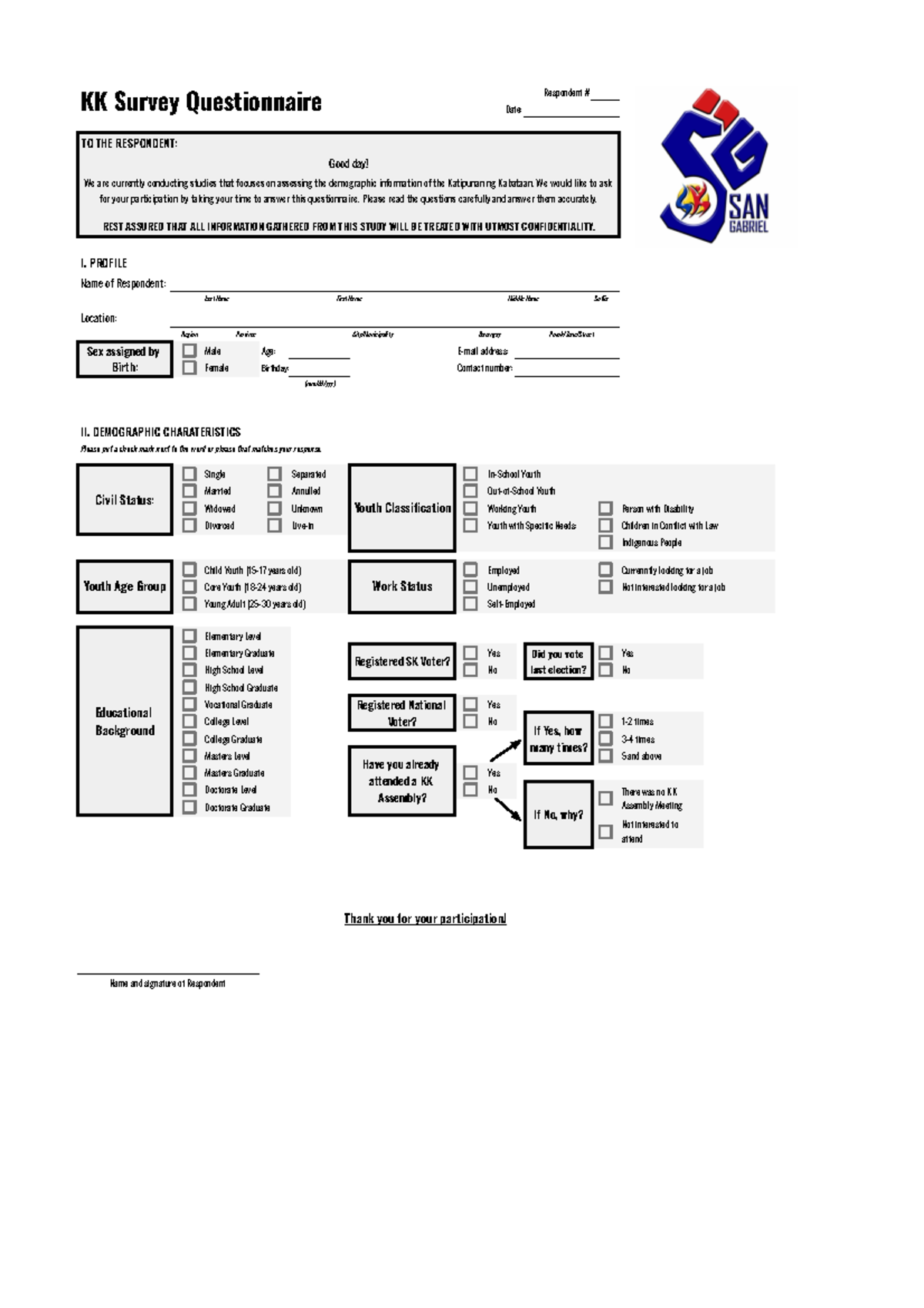 KK Survey Questionnaire - Demographic Assessment of Youth (KK) - Studocu