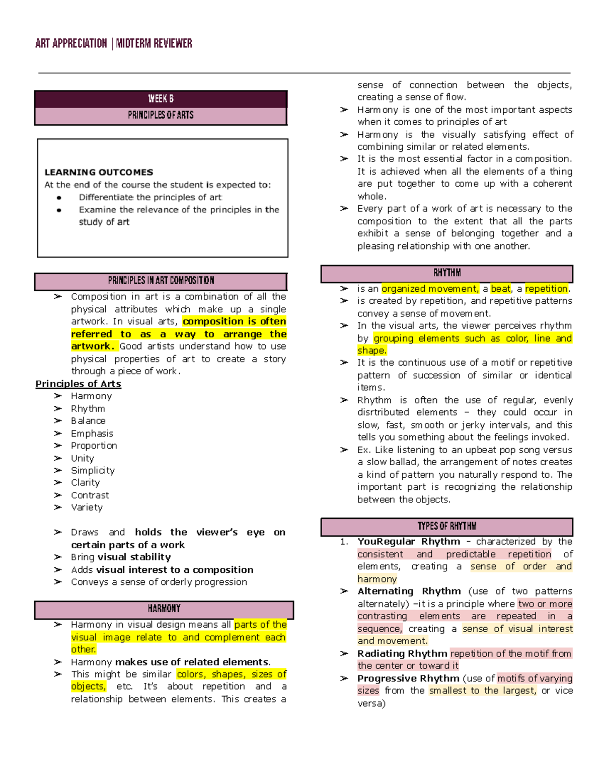 Midterm Reviewer: Principles of Art Composition in ARTA111 - Studocu