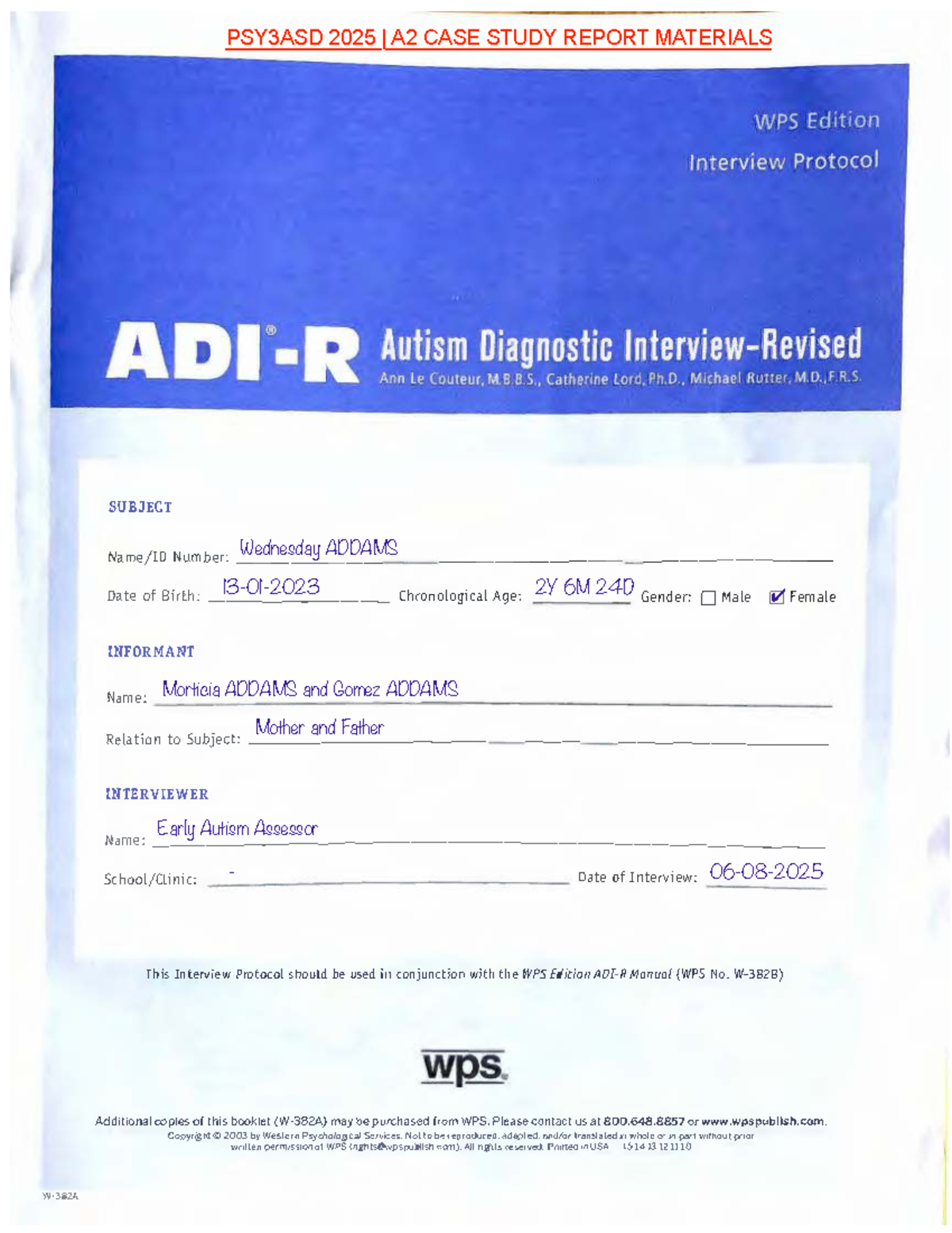PSY3ASD 2025 A2 Case Study Report - ADI-R Summary and Insights - Studocu