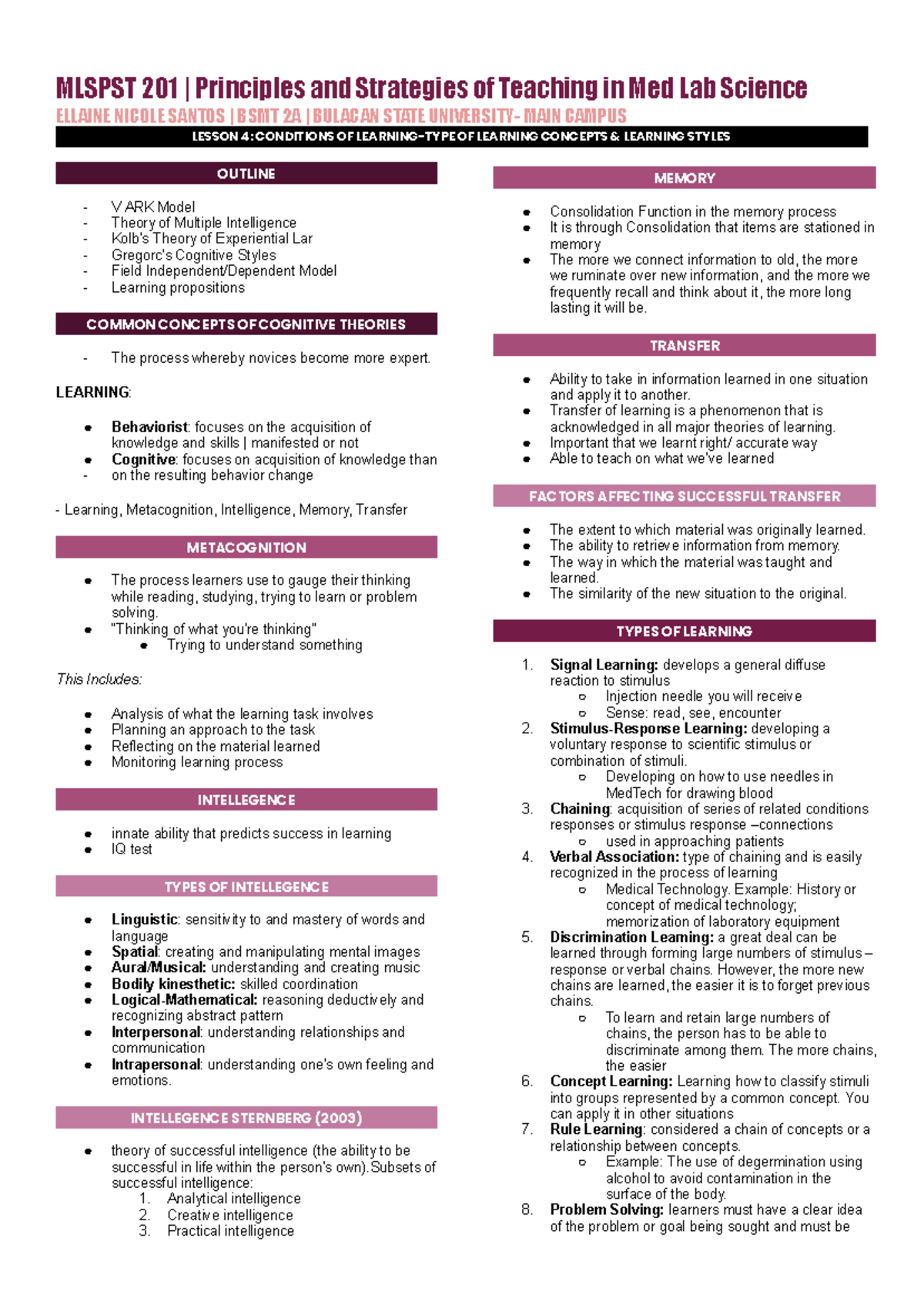 MLSPST 201 Lesson 4: Learning Conditions & Styles in Med Lab Science ...