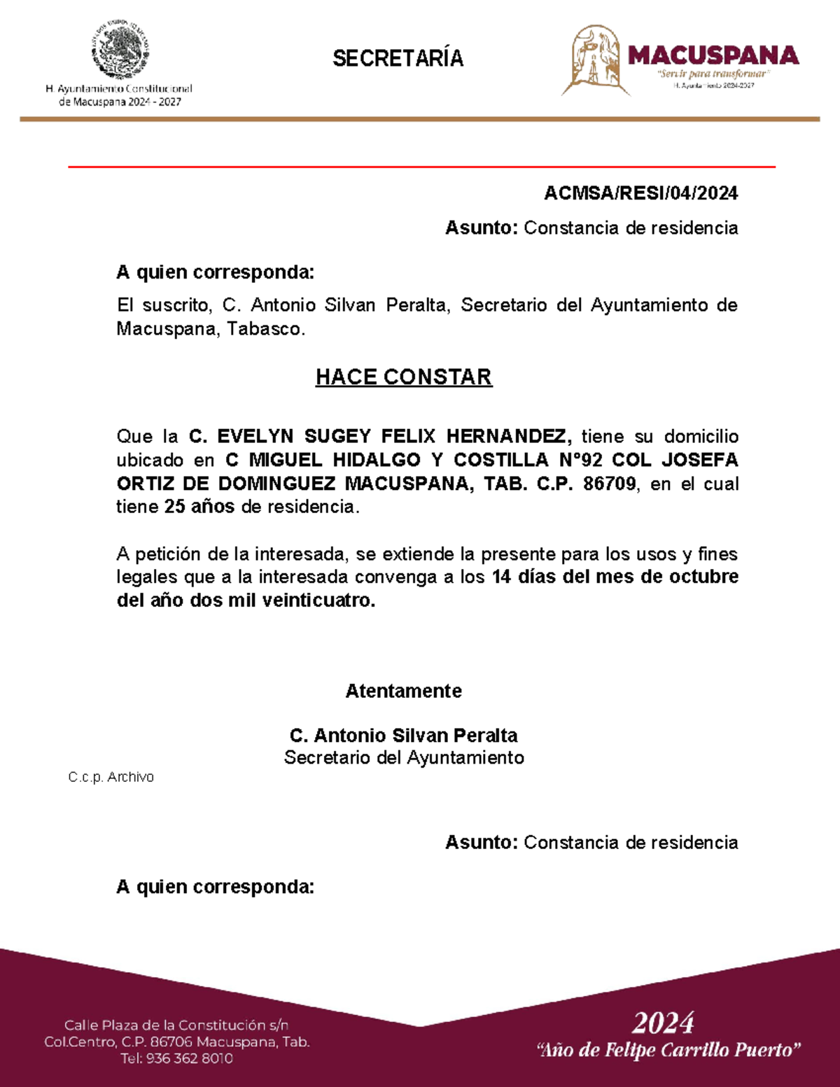 Constancia de Residencia - C. Antonio Silvan Peralta - Studocu