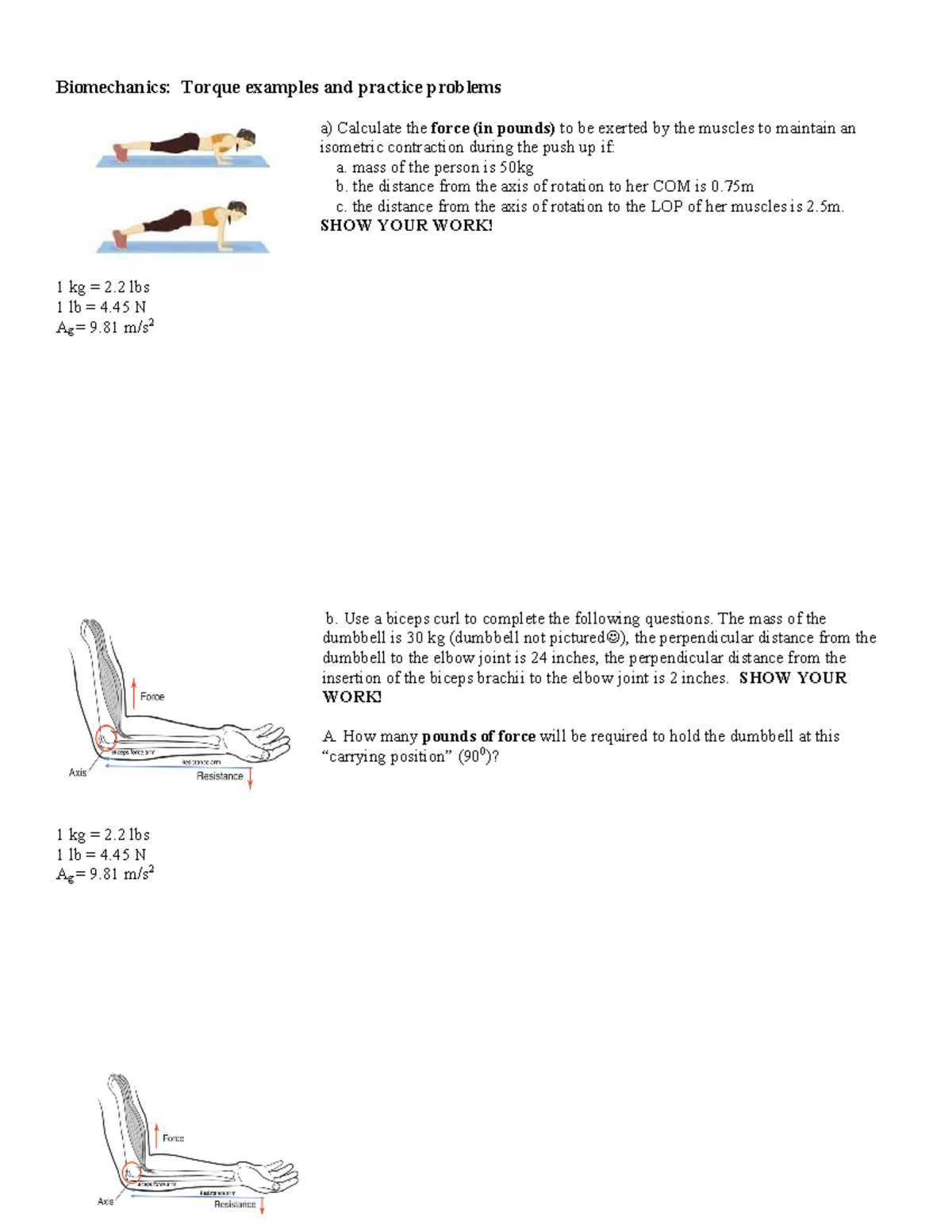 KINE - Biomechanics Torque Practice Problems & Solutions - Studocu