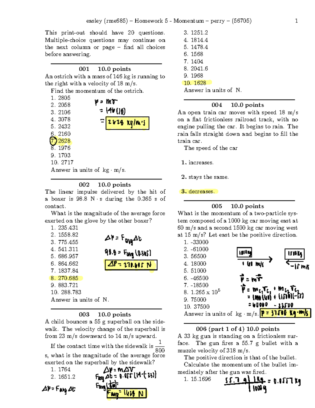 Hw 5 - Quest Homework 5 PHY 302K Momentum Fall 2021 with Dr. Perry at ...