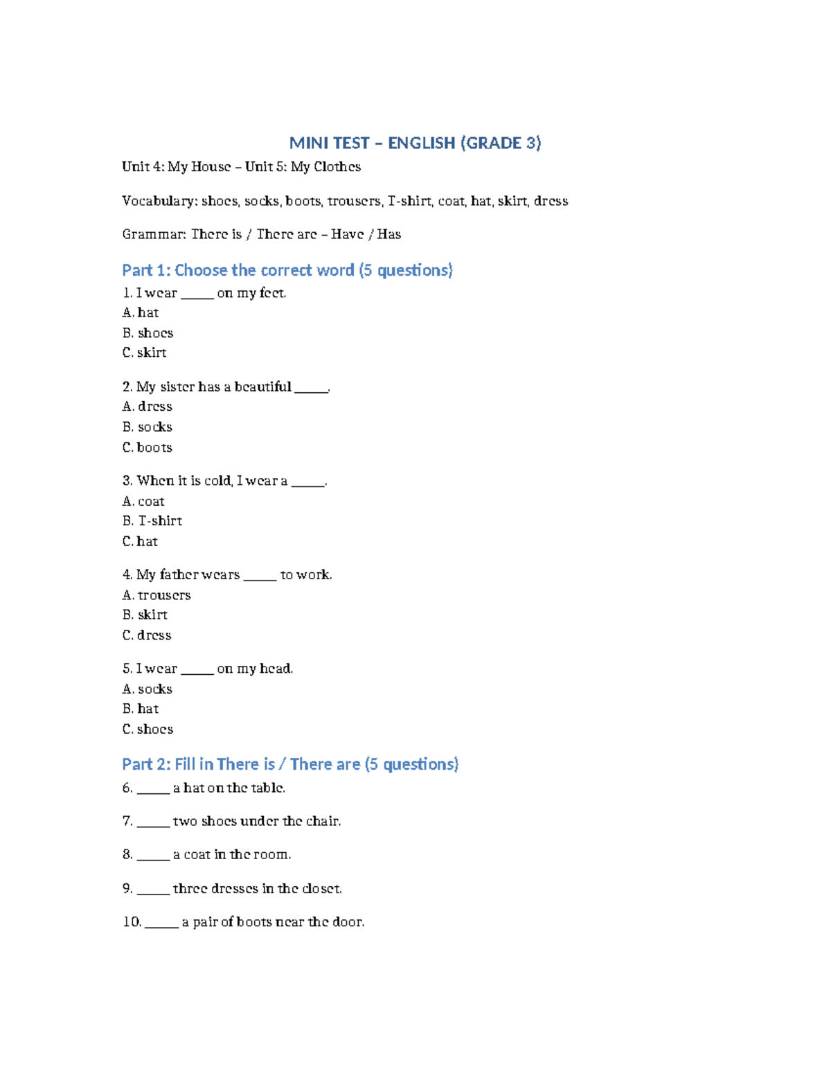 Grade 3 English Mini Test: Units 4 & 5 Vocabulary and Grammar - Studocu