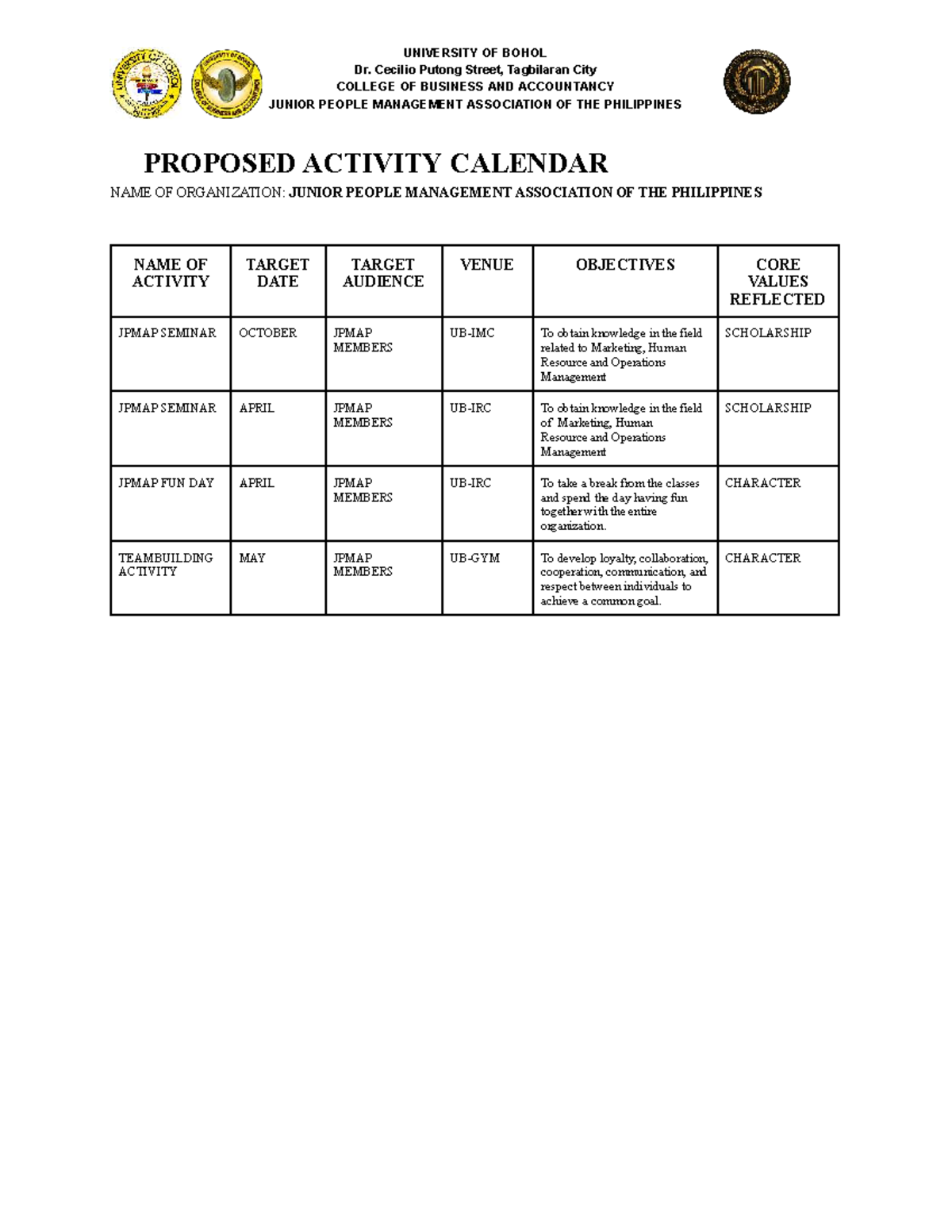 JPMAP Proposed Activity Calendar for 2023-2024 - Studocu