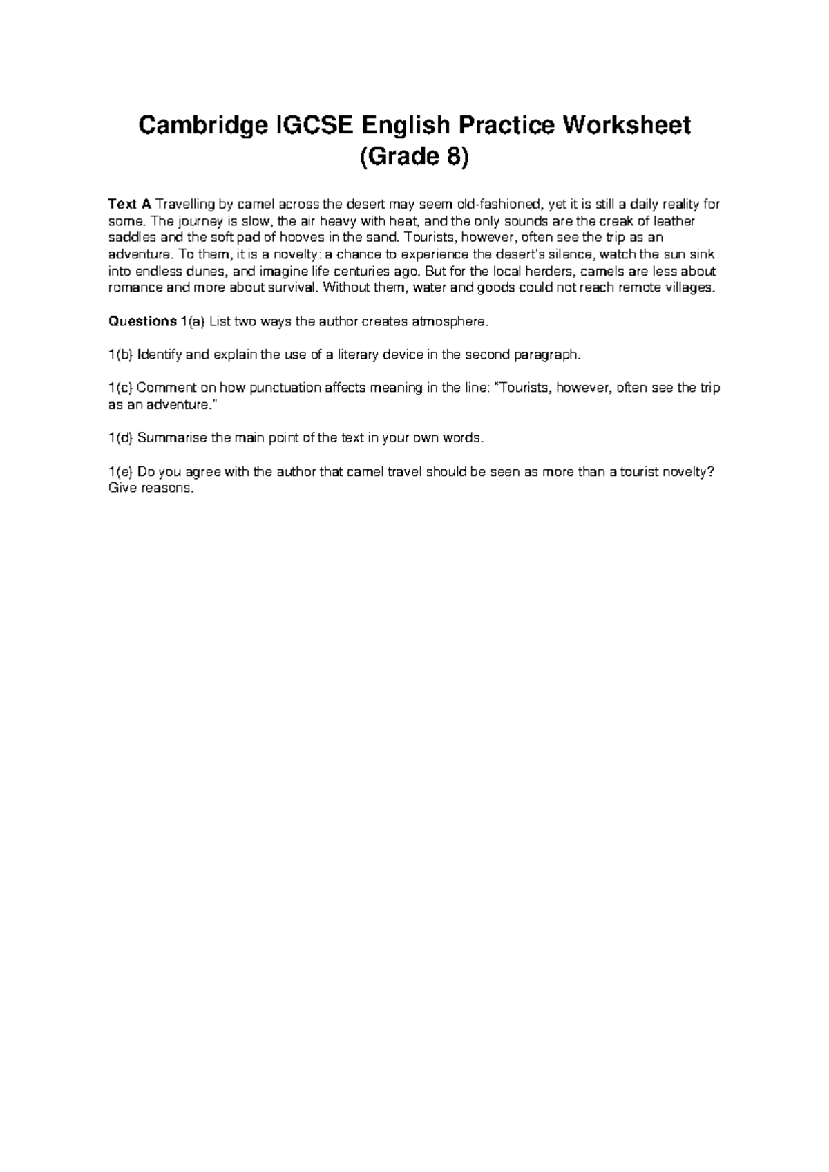 Cambridge IGCSE English Practice Worksheet (Grade 8) - Text A Analysis ...