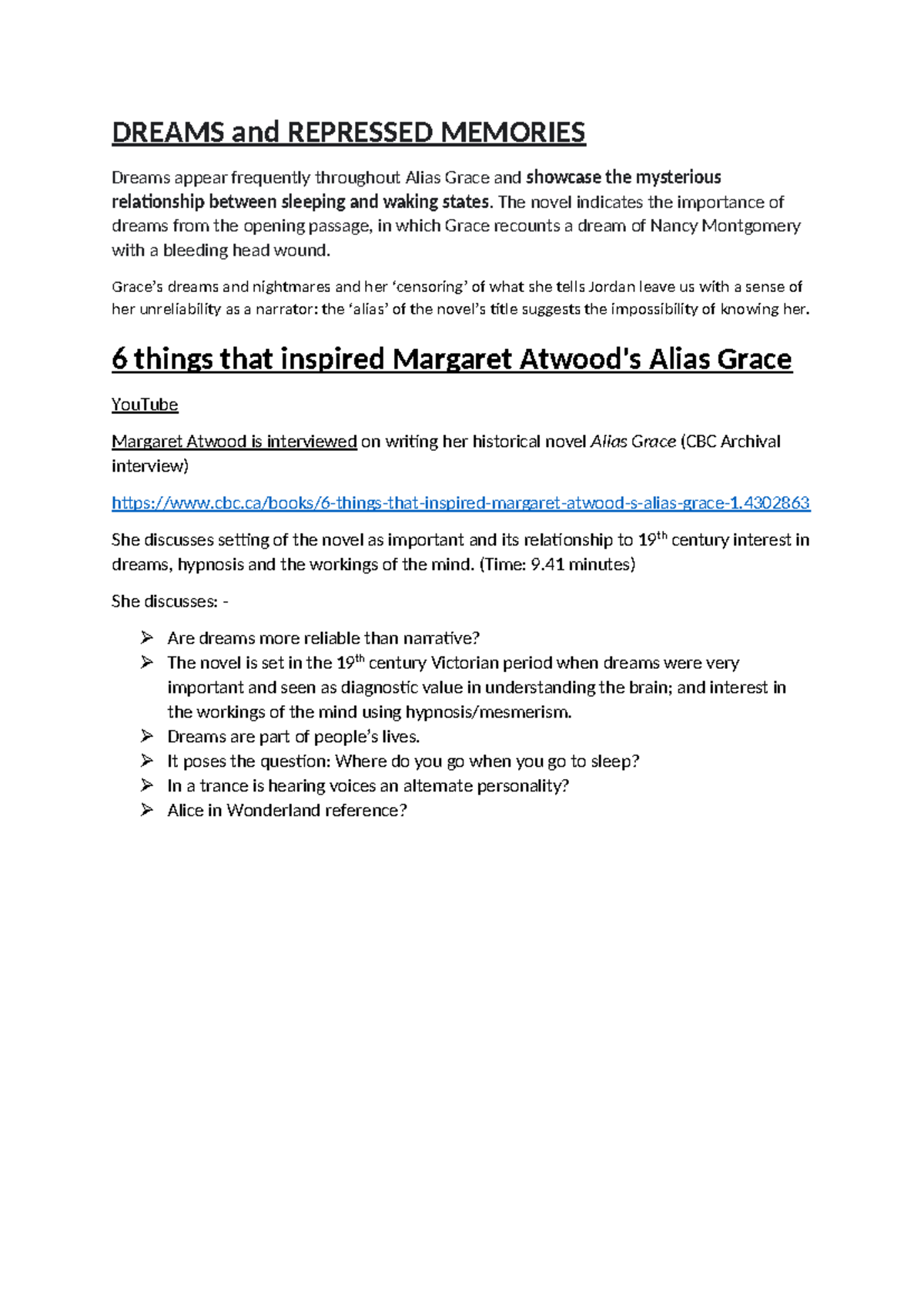 Alias Grace (ENG 101) - Exploring Dreams and Repressed Memories - Studocu