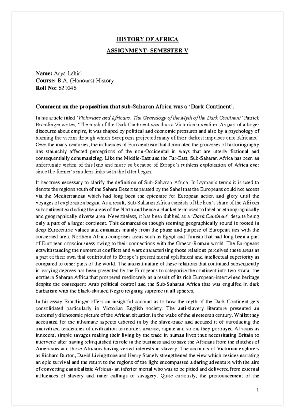HIST 101: Assignment on Sub-Saharan Africa as the 'Dark Continent ...