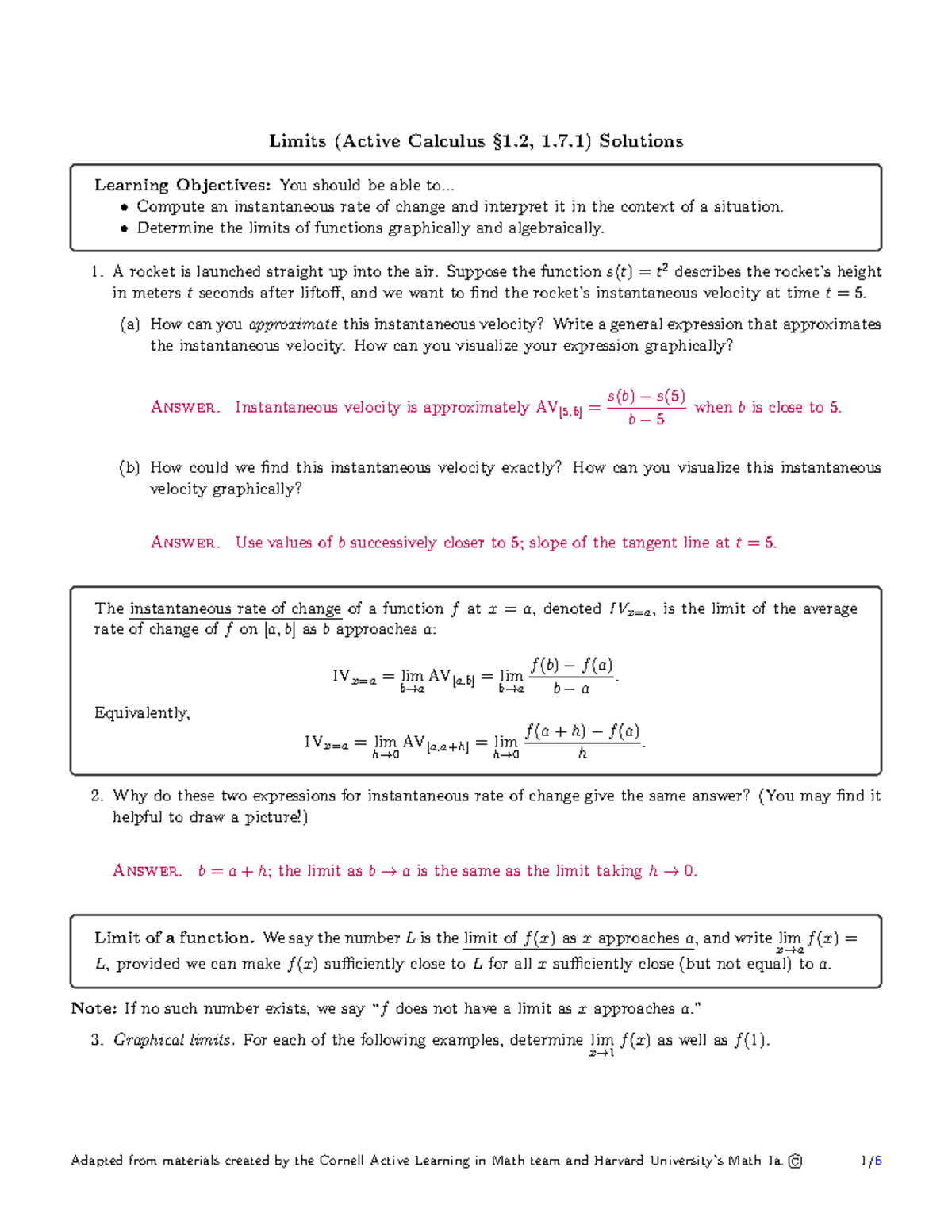 Limits and Instantaneous Rate of Change Solutions (MATH 1110) - Limits ...