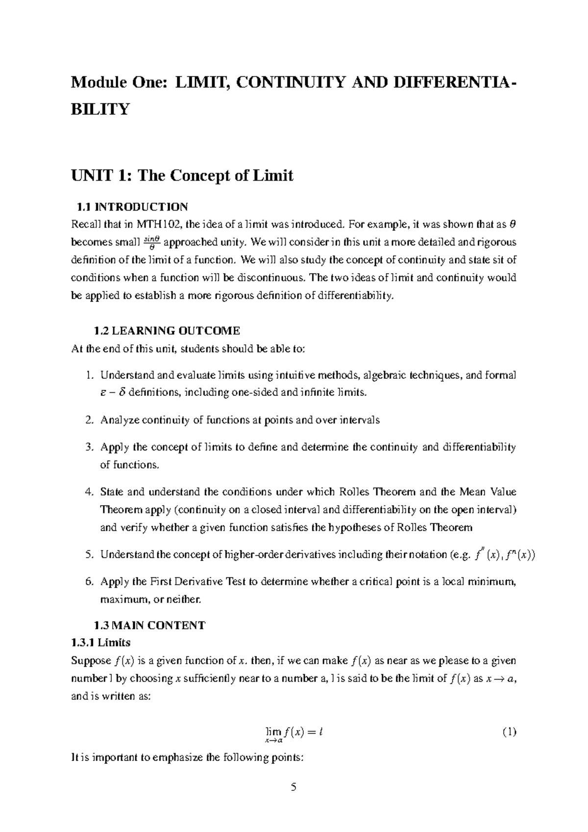 MTH102: Limits, Continuity, and Differentiability - Unit 1 Overview ...