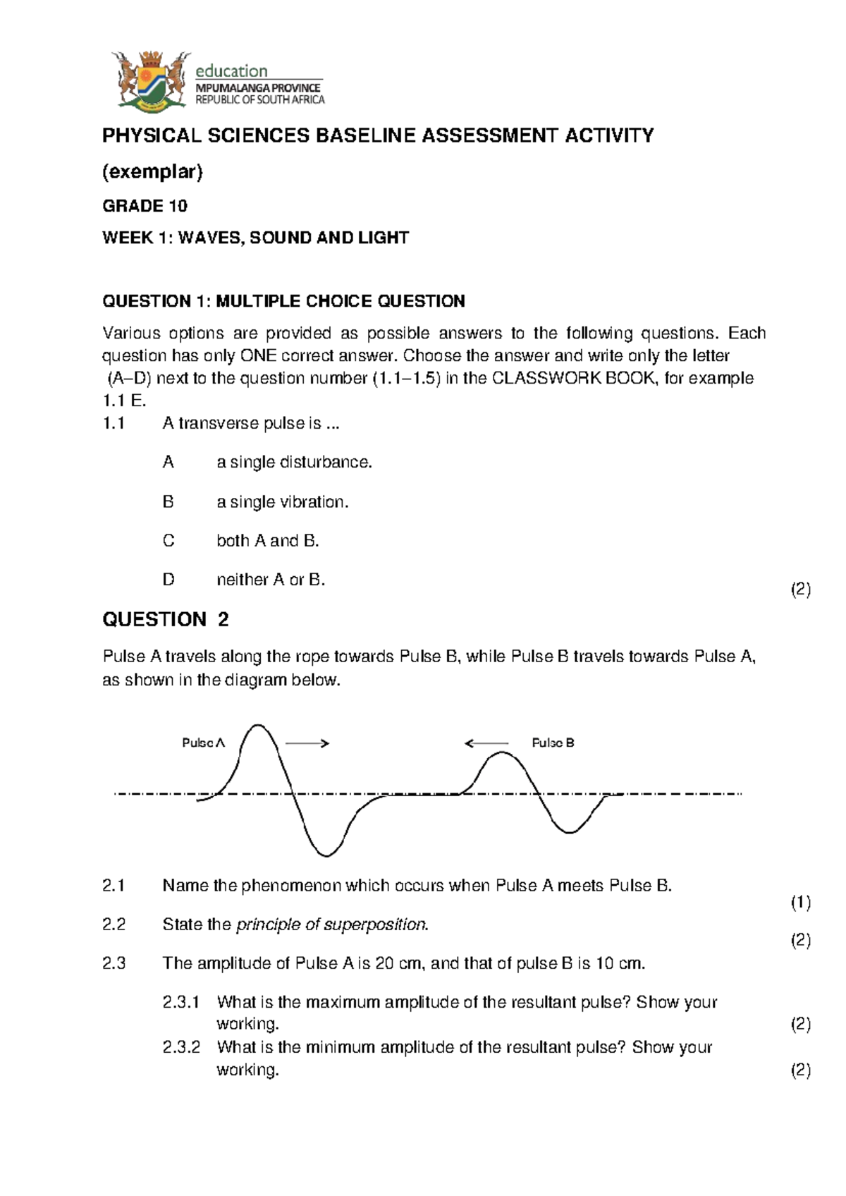 Physical Sciences Grade 10 Test 1: Waves, Sound & Light Assessment ...