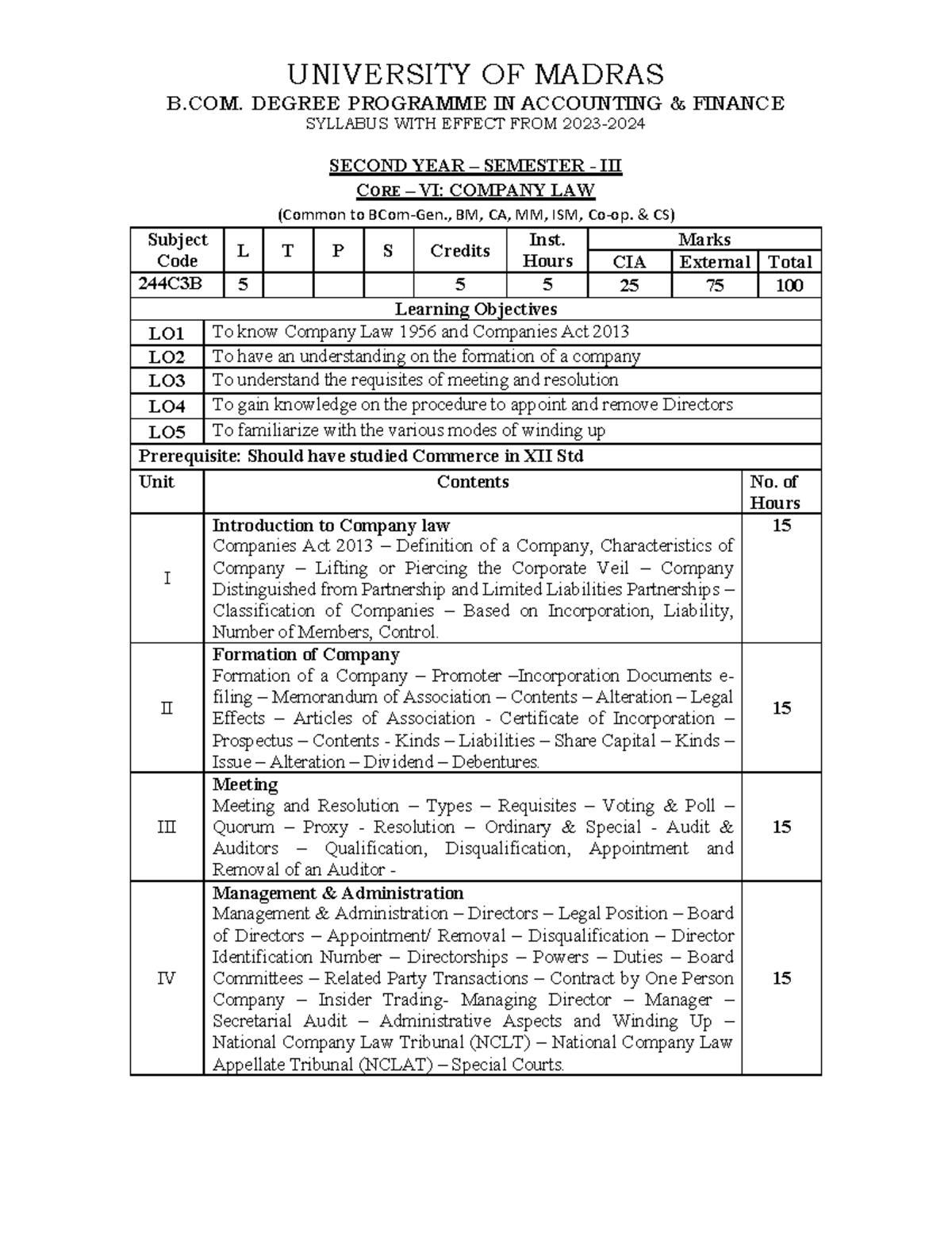 Company Law Syllabus (B.Com 2023) - Learning & Exam Prep Notes - Studocu