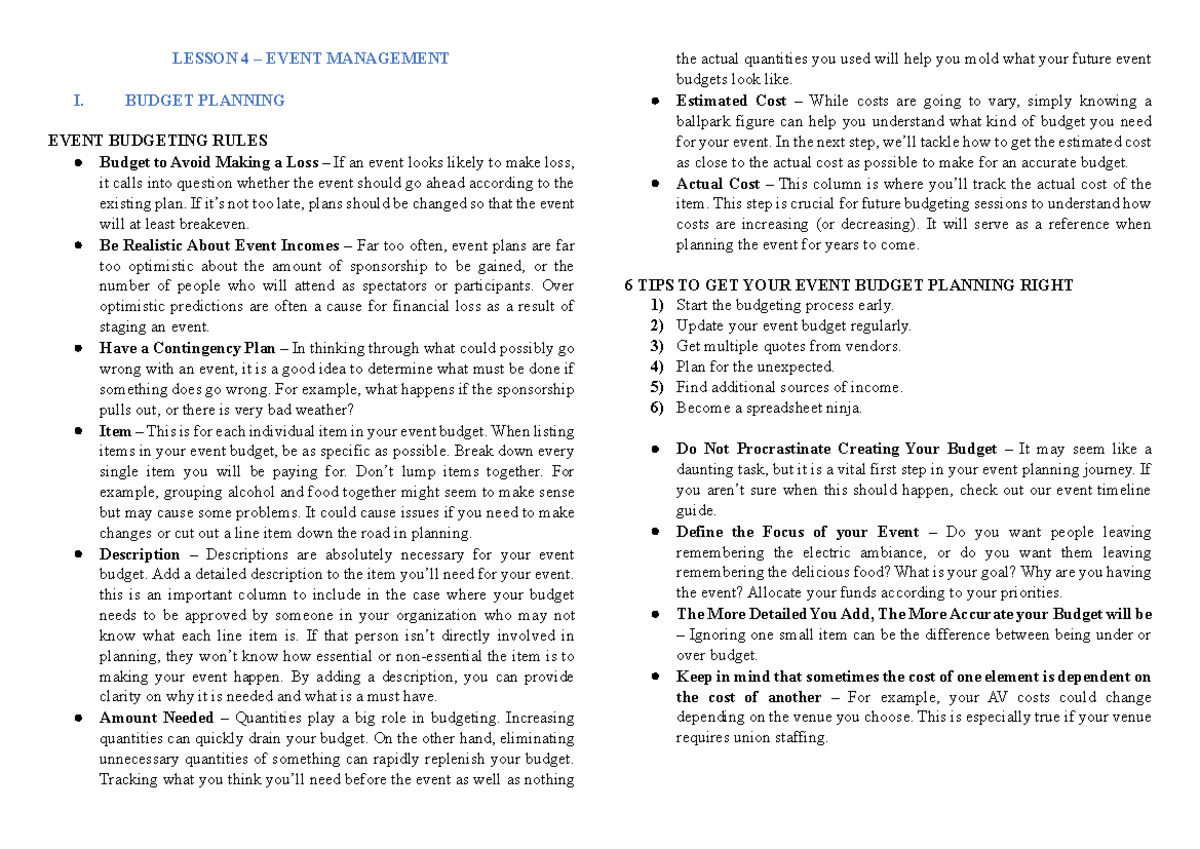 Event Management Notes II: Budgeting & Timeline Strategies - Studocu