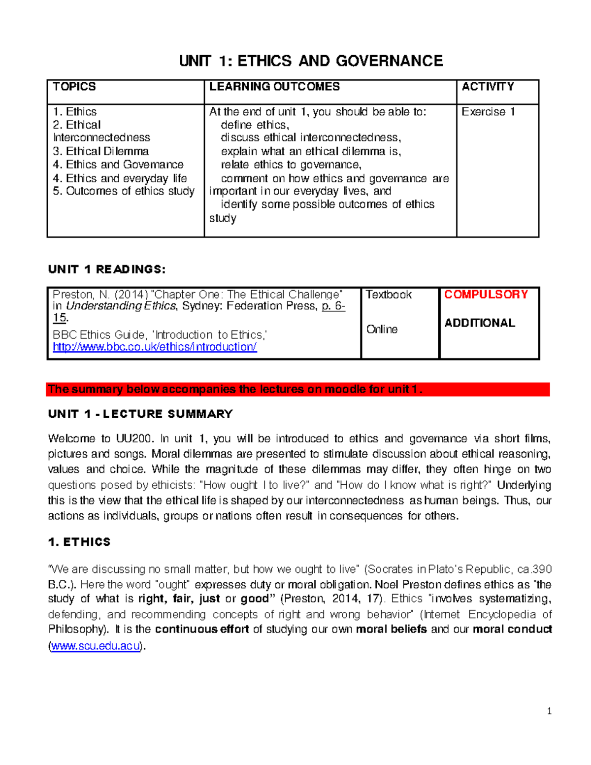 UU200 Unit 1 - 2020 - UNIT 1: ETHICS AND GOVERNANCE TOPICS LEARNING OUTCOMES ACTIVITY Ethics ...