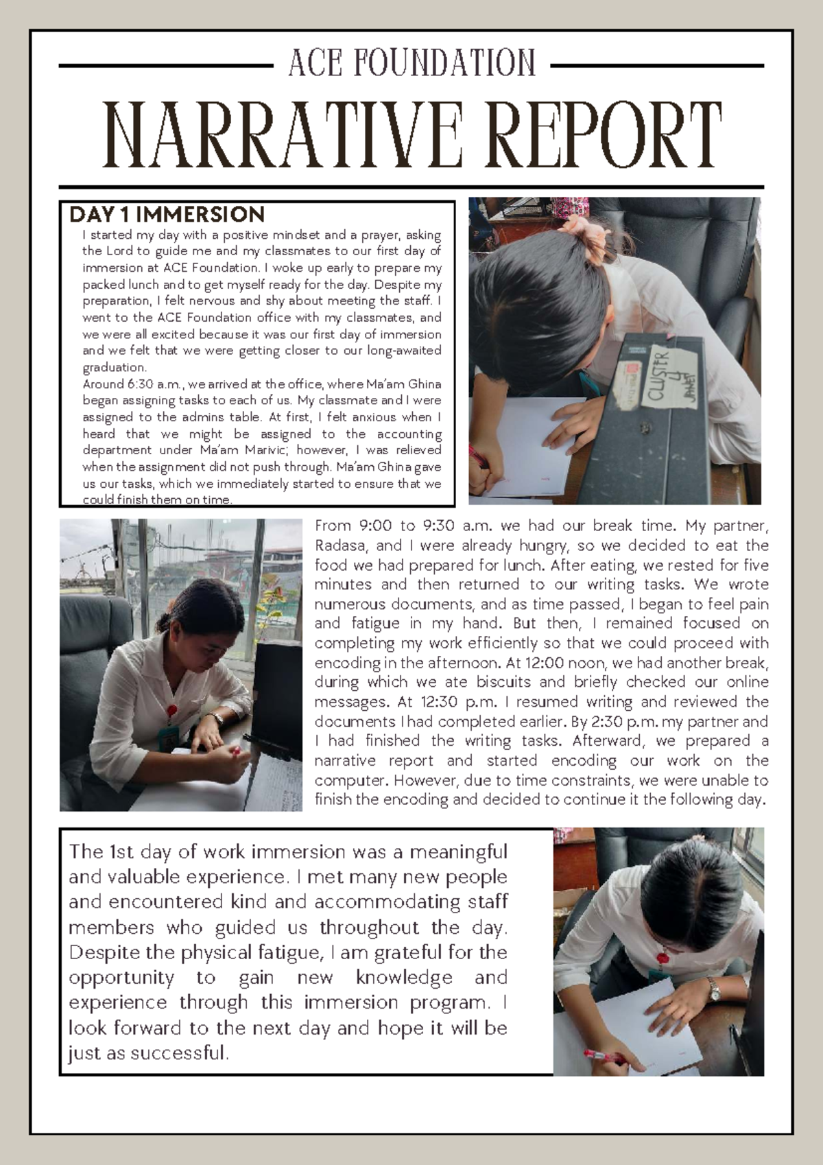 ACE FOUNDATION Immersion Day 1 Narrative Report - Studocu