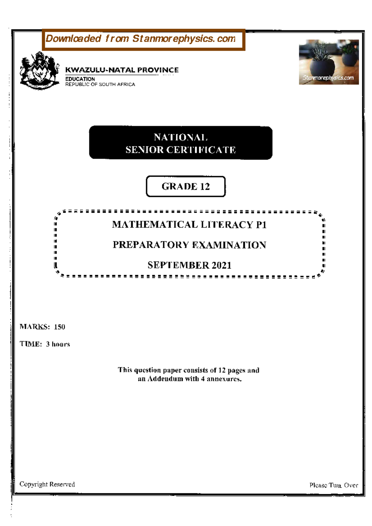 Math Literacy Grade 12 Trial Exam 2021 P1 and Marking Memo - Studocu