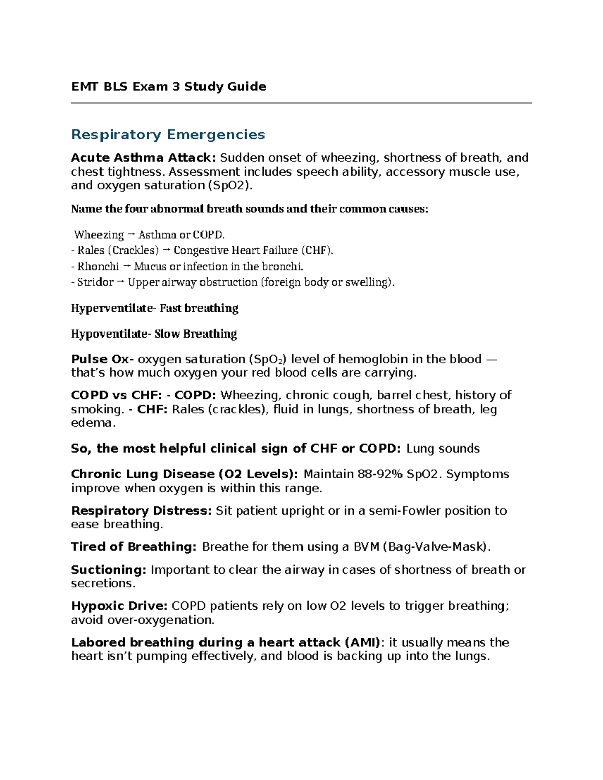 EMT BLS Exam 3 Study Guide: Respiratory & Cardiac Emergencies - Studocu
