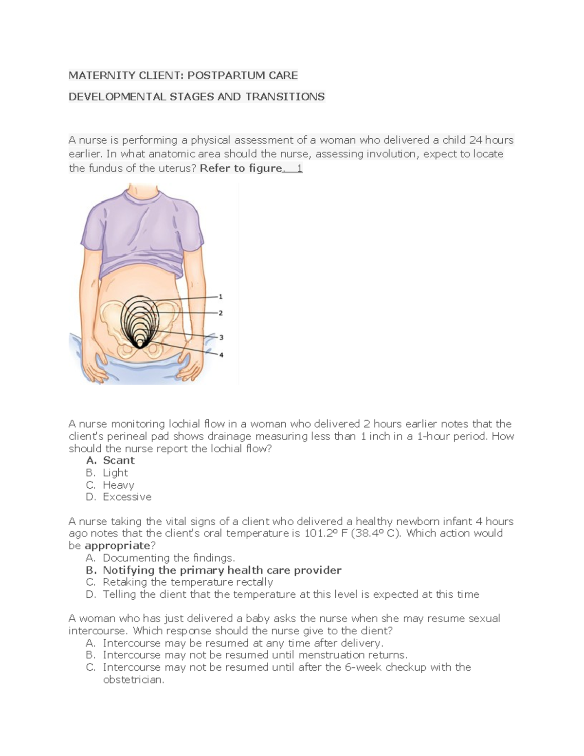 Postpartum Care HESI Questions for Maternity Clients - Studocu