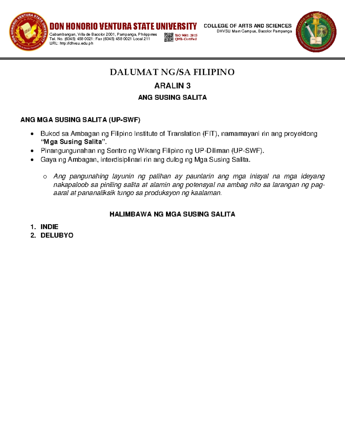 Aralin 3: Mga Susing Salita sa Dalumat ng Filipino - UP-SWF - Studocu